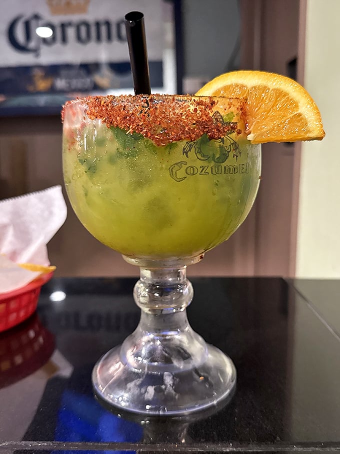 A margarita rimmed with such precision it could qualify as art – the kind of drink that makes "just one" the biggest lie you'll tell today.