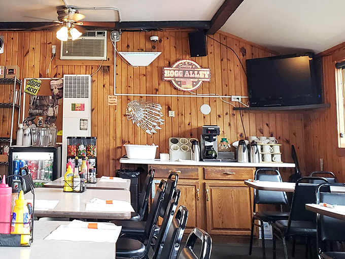 The coffee station corner—where morning ambitions meet afternoon reality. Simple pleasures in a wood-paneled sanctuary of caffeine and comfort.