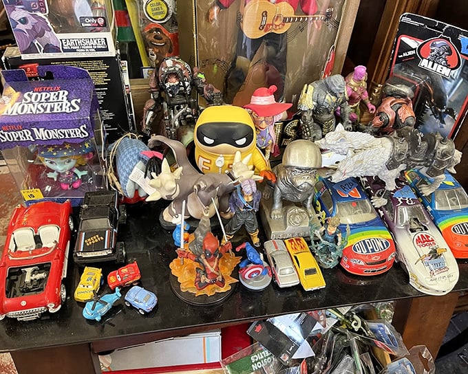 Childhood nostalgia in plastic form! Action figures, collectibles, and toy cars create a miniature museum of pop culture memories.