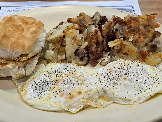 Perfect sunny-side up eggs with crispy home fries – the breakfast equivalent of hitting every green light on your morning commute.