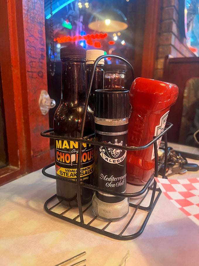 The condiment caddy—unsung hero of the table. That steak sauce isn't just condiment; it's liquid potential waiting to enhance your already perfect meal.