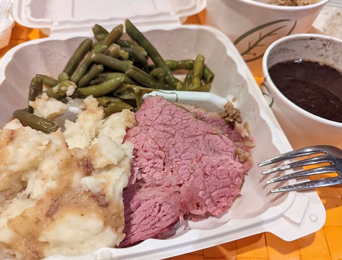 The corned beef plate isn't just a meal—it's a pink-hued promise that some traditions, like perfectly cooked meat with sides, never need updating.