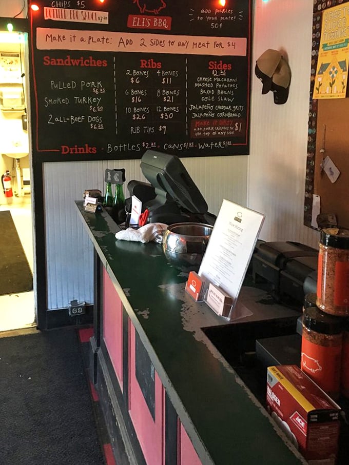 The chalkboard menu and counter setup keeps things refreshingly simple – no distractions from the serious business of barbecue.