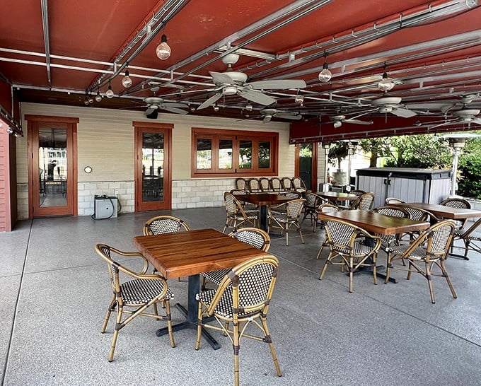 The covered patio offers al fresco dining without the "fresco" part going sideways—protection from the elements while still feeling connected to the outdoors. 