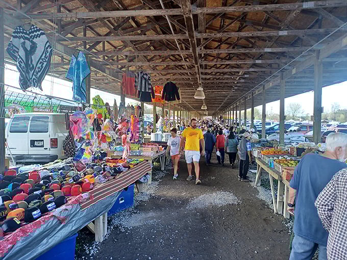 The market in full swing! This bustling corridor of commerce shows that in the age of online shopping, human connection still draws the weekend crowds.