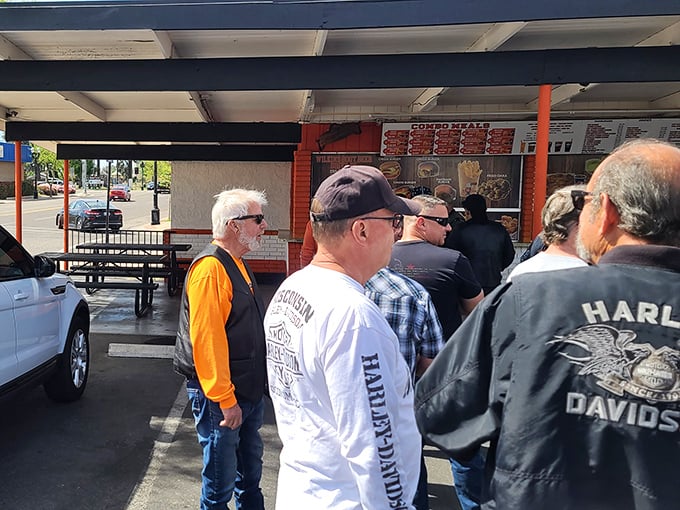 The lunch crowd knows something you should too—when Harley jackets and work boots line up for food, you've found the real deal.