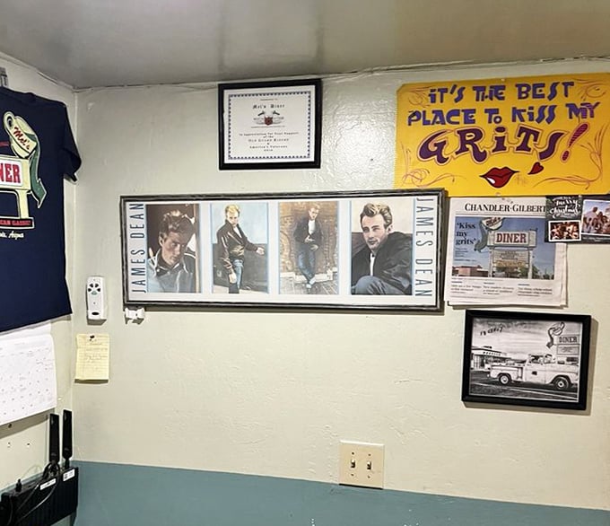 Wall decor that tells stories—including a nod to James Dean, reminding us that diners have always been where rebels find refuge.