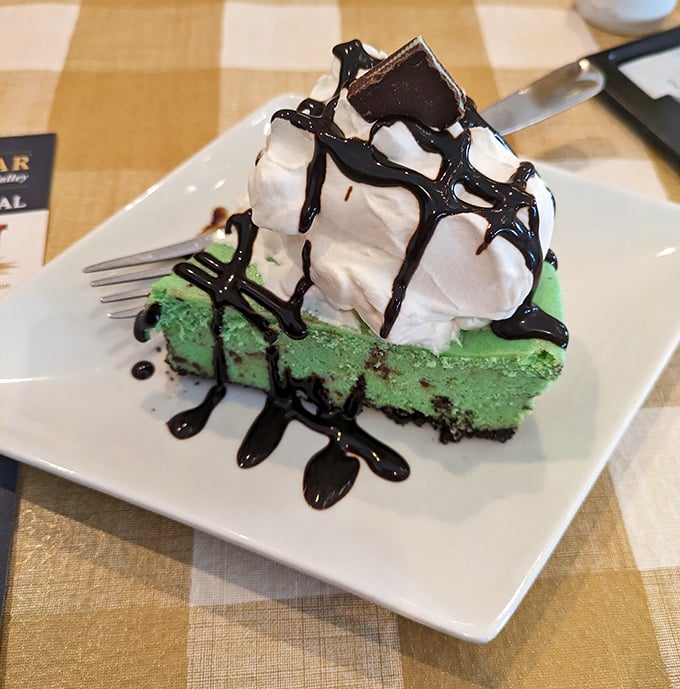 Mint green cheesecake topped with whipped cream and chocolate drizzle—proof that dessert is just happiness you can eat with a fork.