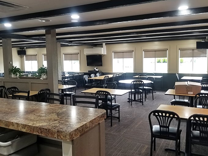Empty tables waiting for the lunch rush – each one holding the promise of conversations, celebrations, and meals that become memories. 