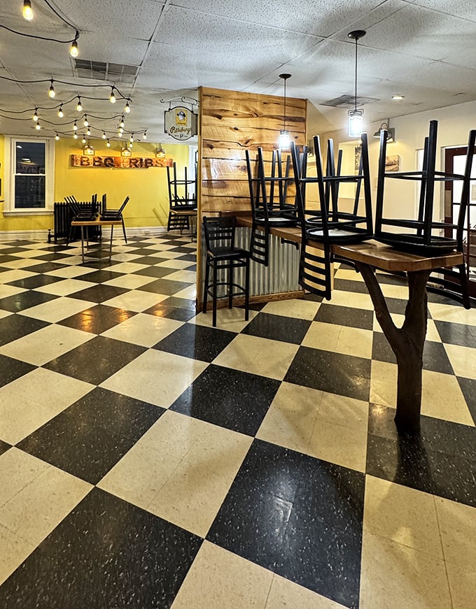 The dining area after hours—empty chairs waiting for tomorrow's lucky diners like a theater between performances.