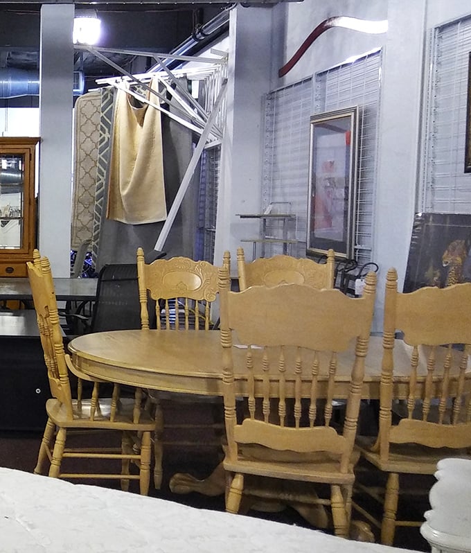 This dining set has hosted countless family dinners. Those wooden chairs have heard decades of stories and are ready for yours.