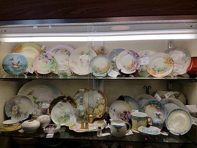 Delicate blooms and hand-painted scenes adorn these vintage plates—each one a canvas that once graced elegant dinner parties.