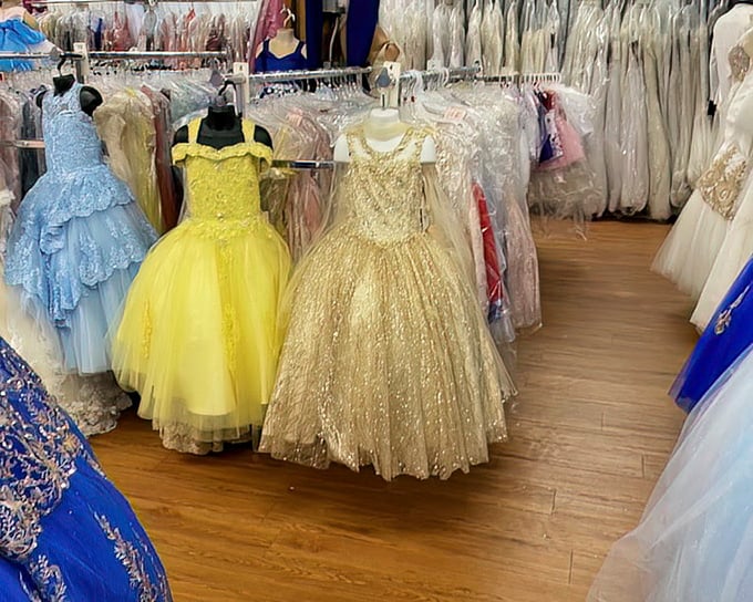 Ball gowns fit for a quinceañera or that cruise formal night you forgot to pack for – problem solved.