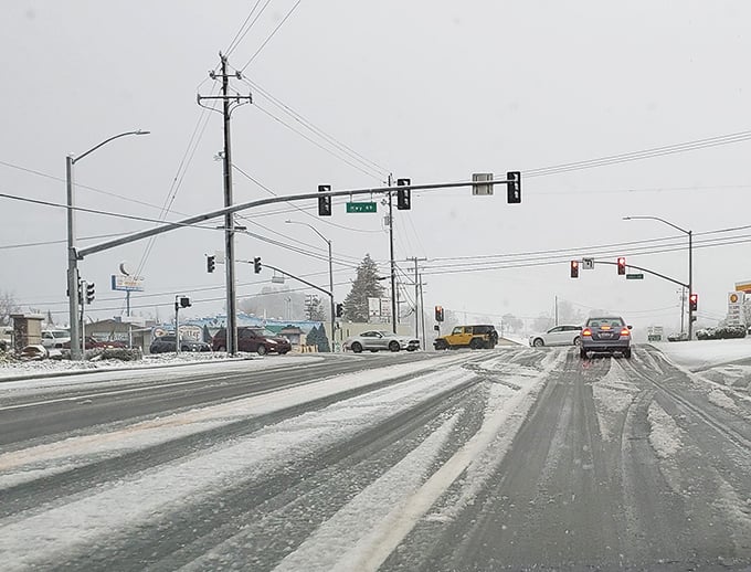 Even under a blanket of snow, Sutter Creek remains accessible year-round—winter brings a magical quiet to this normally bustling antiquing destination.