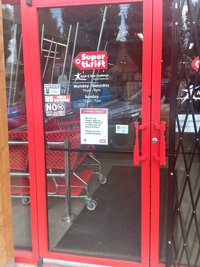 The entrance reveals SuperThrift's hours and policies – the gateway to treasure hunting seven days a week.