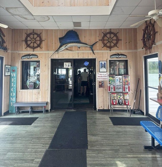 Nautical-themed entryway that says, "Leave your pretensions at the door – we're here for serious seafood business."