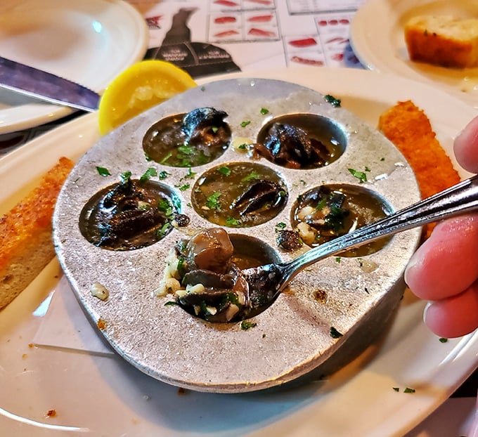Escargot served in their silver chariot, swimming in garlic butter. Proof that sometimes the most intimidating menu items deliver the most delightful surprises.