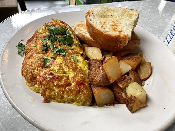 This omelet doesn't just sit on the plate—it lounges confidently, knowing it's about to make your breakfast dreams come true.