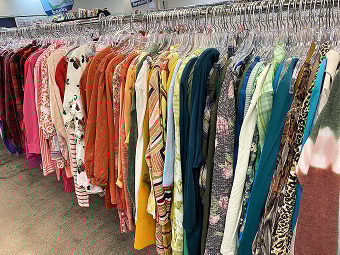 From tie-dye to floral patterns, the women's section offers a textile time machine through decades of fashion evolution.