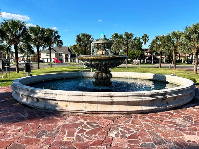 A serene fountain complements the town's landscaping. Not every attraction in Hidalgo has six legs and a stinger.