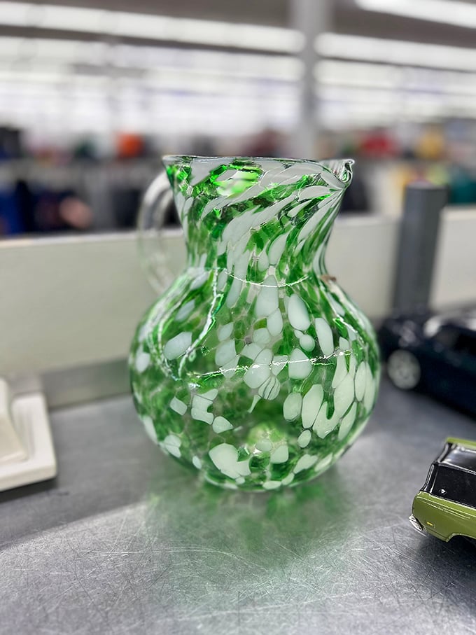 This hand-blown glass pitcher with its swirling green pattern would make even tap water look fancy. Mojitos, anyone?