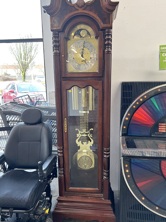 This grandfather clock stands tall among modern furniture—a stately timekeeper from another era, still ticking away the hours.