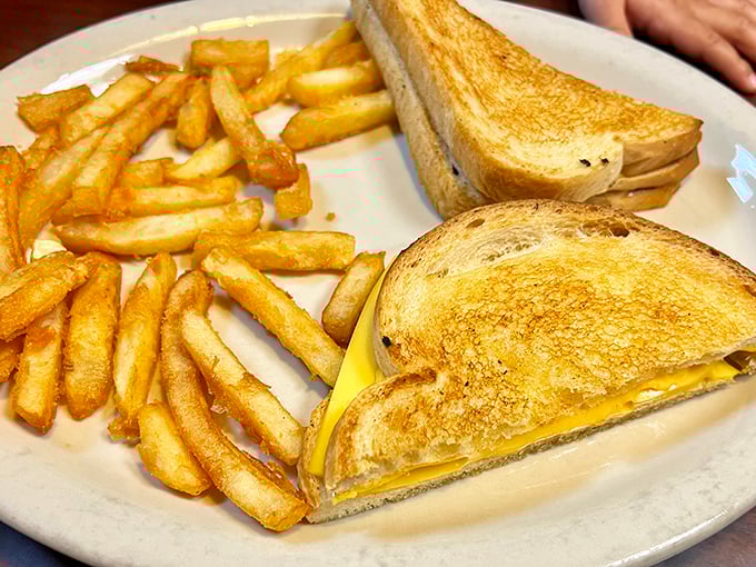 The grilled cheese—childhood nostalgia upgraded with perfectly golden bread and fries that could make a Frenchman weep with joy. 