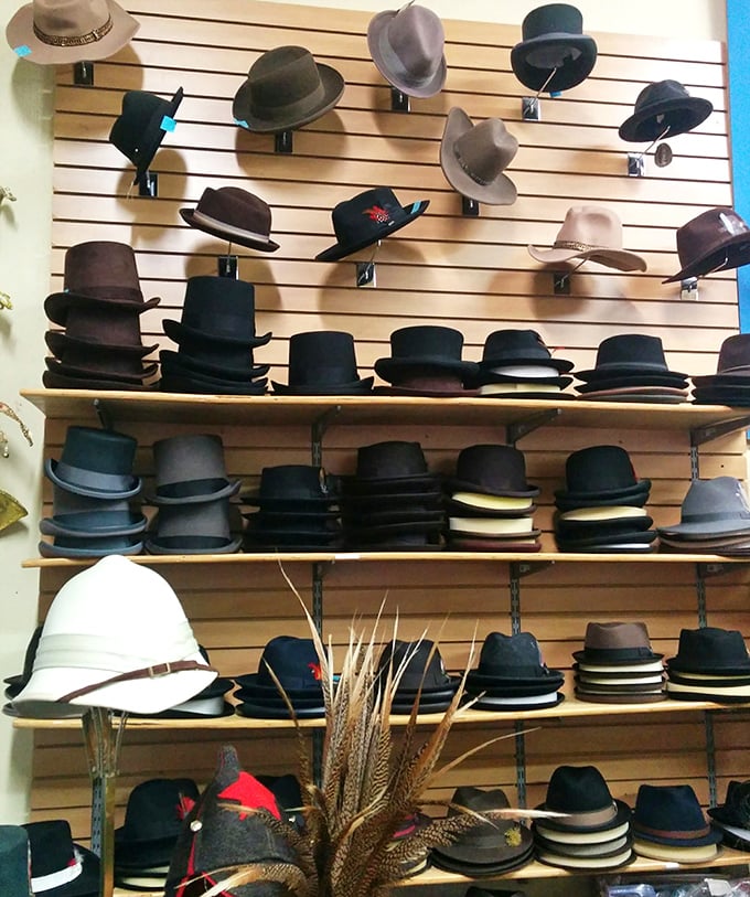 A wall of hats that would make any British royal envious. From dapper fedoras to mysterious wide-brims, your head will never be boringly bare again.