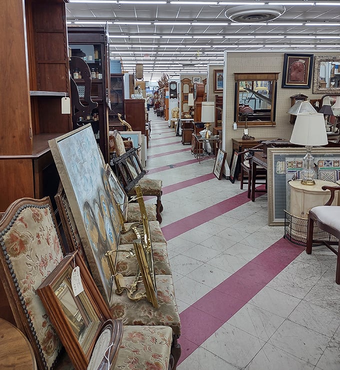 Art and furnishings arranged like a gallery of possibility. That perfect accent piece for your hallway is hiding somewhere in this elegant jumble.