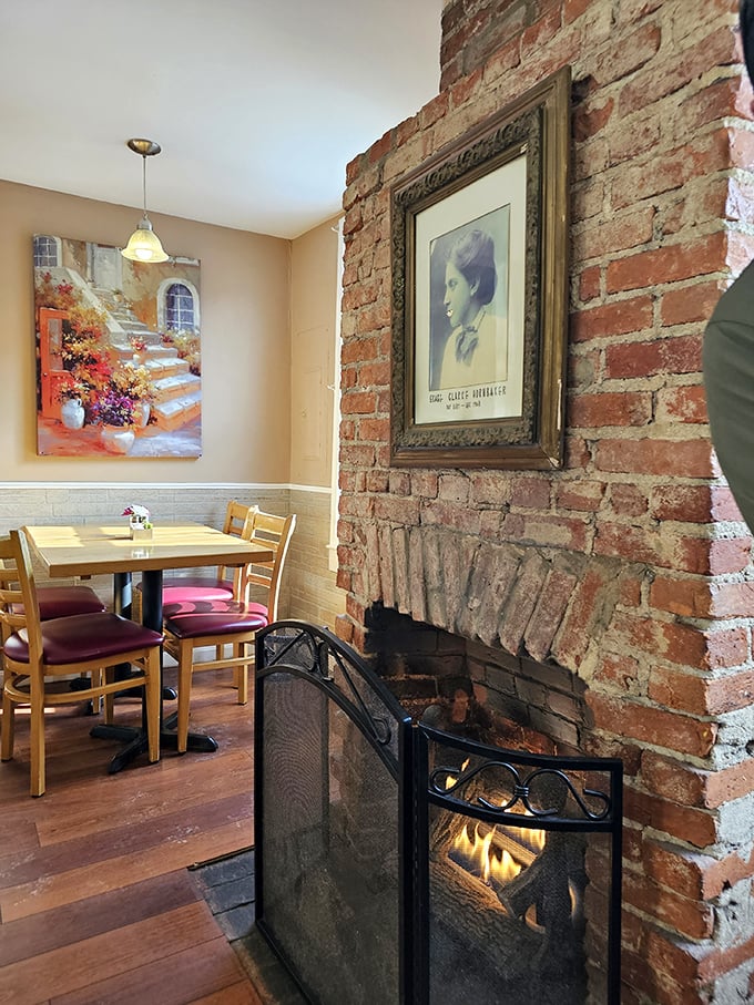 That exposed brick fireplace isn't just charming—it's telling stories of meals shared and memories made over decades of dining.