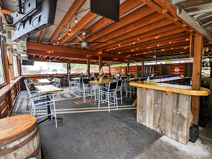 String lights and wooden beams create the perfect atmosphere for serious eating. Like dining in a treehouse built by meat lovers.