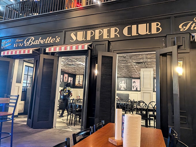 Babette's Supper Club offers a sophisticated dining option within Pasghetti's whimsical world. Black and white photos add a touch of old Hollywood glamour to your pasta experience.
