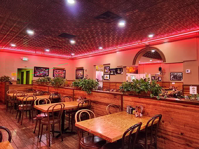 The red glow throughout the restaurant isn't mood lighting—it's a warning that your taste buds are about to experience something serious.