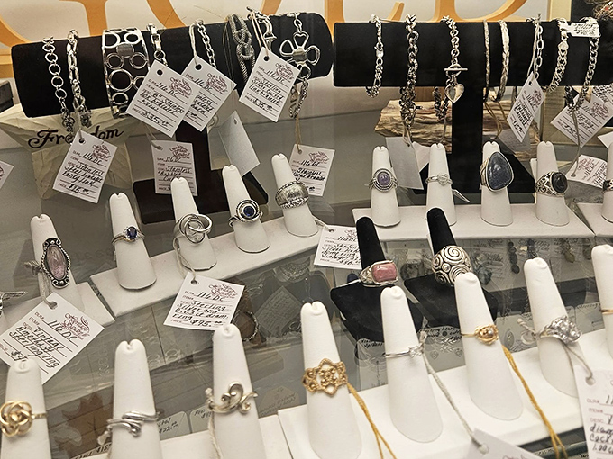 Vintage rings and bracelets waiting for their second act – jewelry that whispers stories of proms, anniversaries, and special occasions.