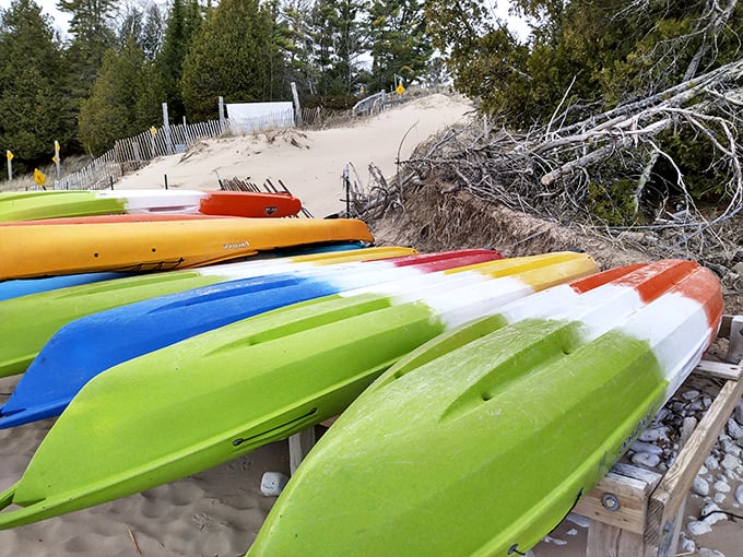 Kayak candy store! These colorful vessels wait patiently for adventurers ready to explore the park's stunning shoreline from a duck's-eye view.