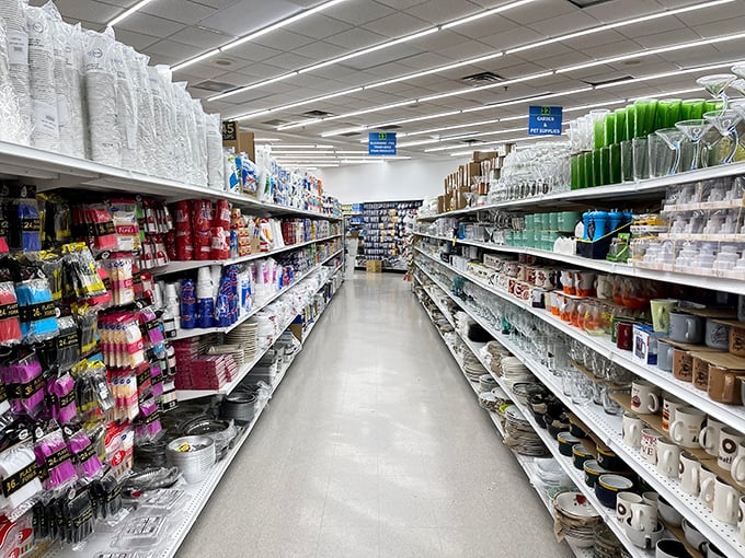 An aisle that would make Martha Stewart weep with joy—glassware and kitchen essentials that look twice their price point.