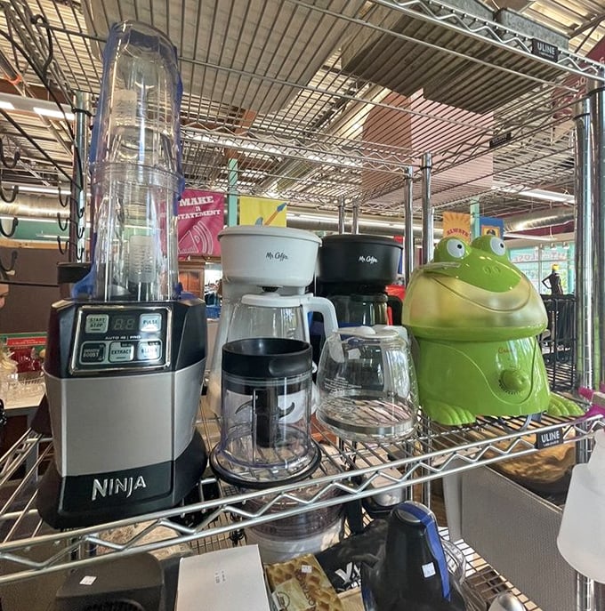 Kitchen appliances in their second act, including a frog-shaped cookie jar that's either adorably retro or the stuff of midnight kitchen nightmares.