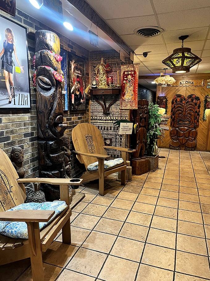 Tiki decor that predates the Pinterest era. Those wooden masks have seen things—mostly happy diners experiencing food comas, but still, they've seen things.