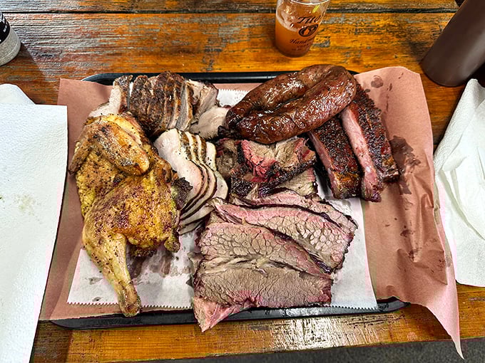 Not so much a sampler as a celebration – a paper-lined tray of Texas's greatest hits that makes vegetarians question their life choices.