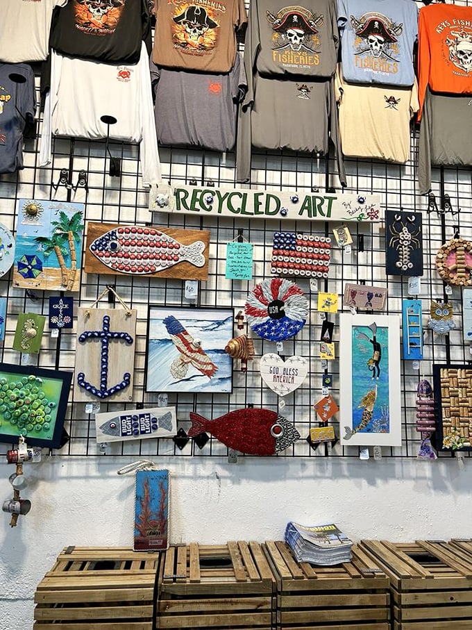 The "Recycled Art" wall showcases Florida's creative spirit, where yesterday's bottle caps become today's colorful fish—much like the restaurant's sustainable approach.