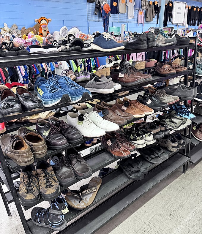 The footwear forest—from sensible loafers to weekend sneakers, these pre-loved shoes have stories to tell and miles left to walk.