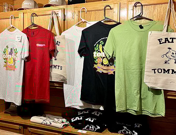 The merch wall proves Tommy's isn't just a restaurant—it's an identity worth wearing proudly around town.