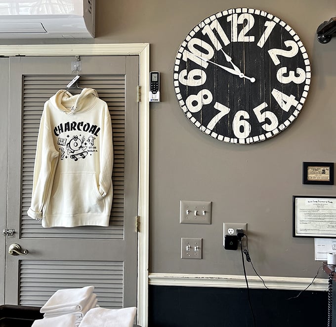 When a restaurant's merch is this cool, you know the food is legit. That oversized clock isn't just decor—it's telling you to make time for good meals.