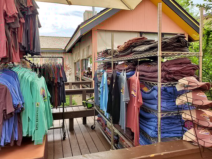 The outdoor merchandise display proves you can take a piece of Jailhouse Café home—though sadly, not their hollandaise sauce. Souvenirs that actually spark joy.