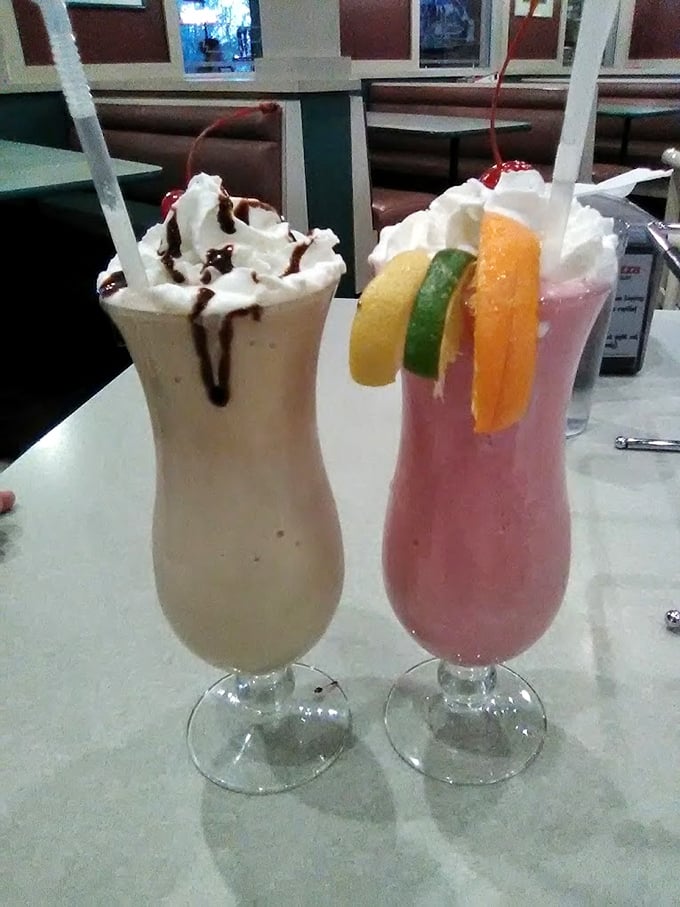 Milkshakes that understand sometimes adults need dessert in a glass too—one chocolate, one strawberry, both magnificent.