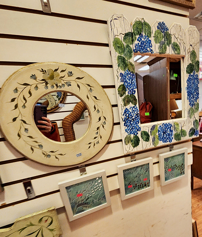 Mirrors that reflect more than just your image. That hand-painted floral frame transforms a practical necessity into a statement piece worthy of your entryway.