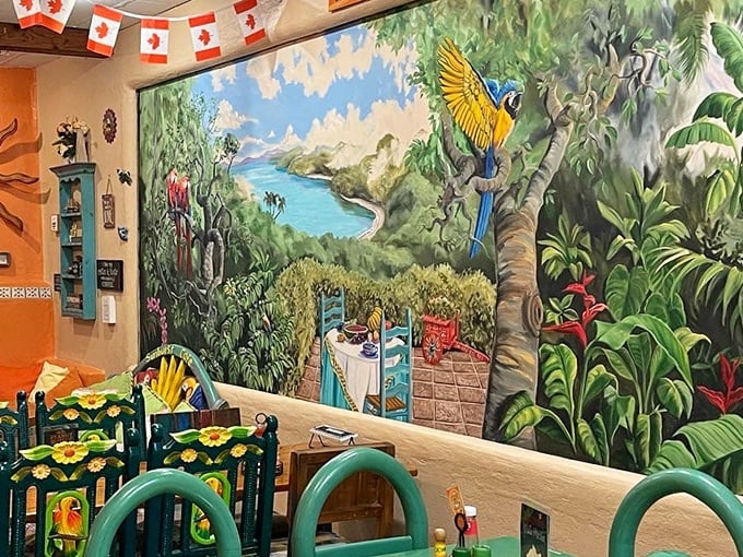 Dining with a view—even indoors! This stunning tropical mural transports you to a lush paradise, making every breakfast feel like a mini-vacation in Naples.