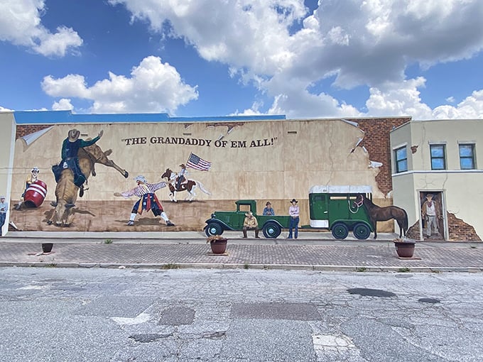 This rodeo-themed mural celebrates Arcadia's cowboy heritage with "The Granddaddy of Em All"—where Florida's cattle culture comes alive in vivid color.