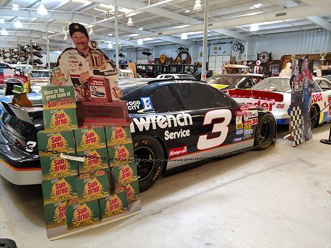 Dale Earnhardt's legendary #3 surrounded by Sun Drop boxes – now that's pure North Carolina nostalgia.