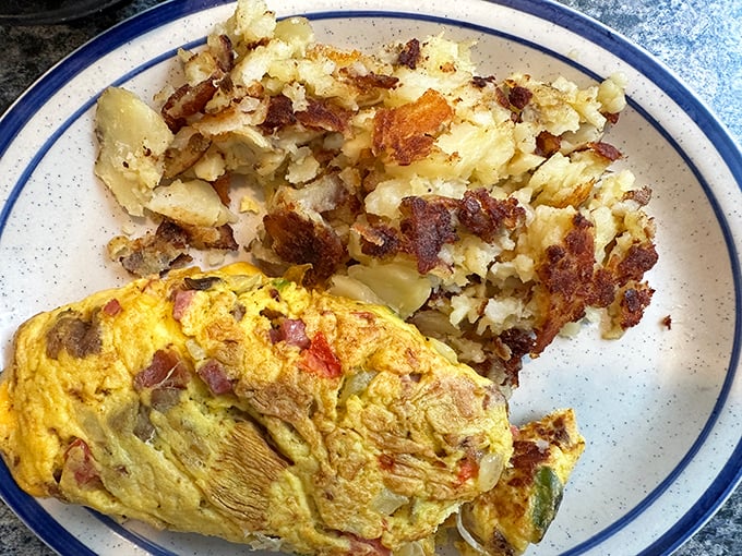 The perfect omelet-to-hash-brown ratio on a plate – where crispy edges meet fluffy centers in a breakfast symphony.
